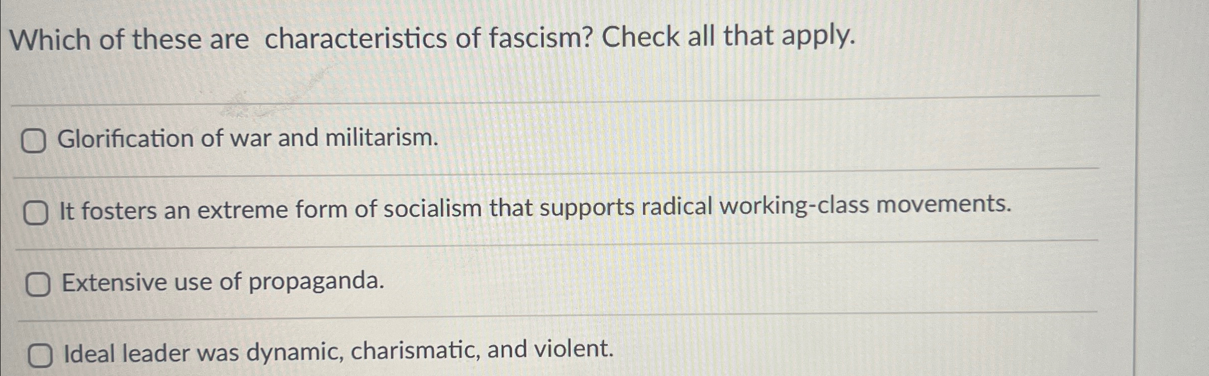 Solved Which of these are characteristics of fascism? Check | Chegg.com