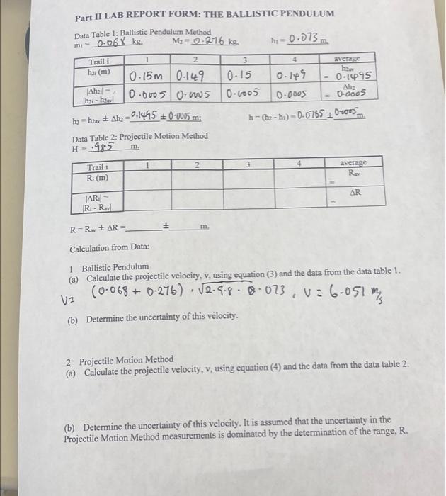 Solved Part II LAB REPORT FORM: THE BALLISTIC PENDULUM Data | Chegg.com