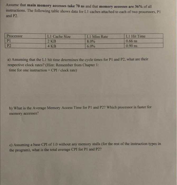 Solved Assume that main memory accesses take 70 ns and that | Chegg.com