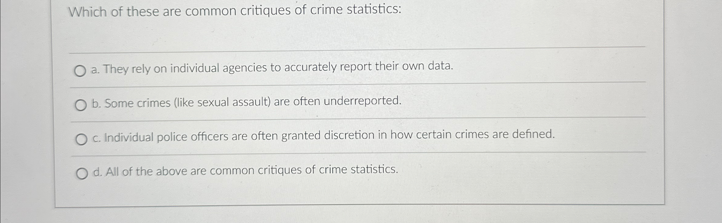Solved Which of these are common critiques of crime | Chegg.com
