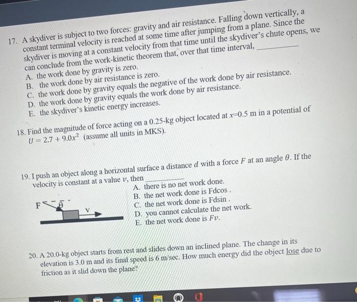 Solved 17. A skydiver is subject to two forces: gravity and | Chegg.com