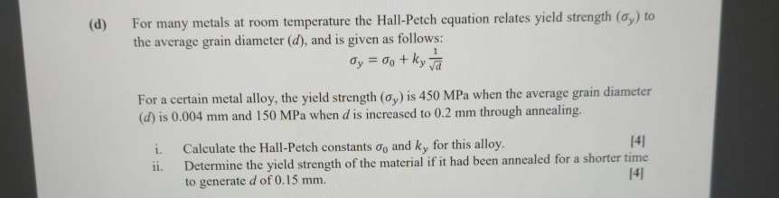 Solved (d) ﻿For many metals at room temperature the | Chegg.com
