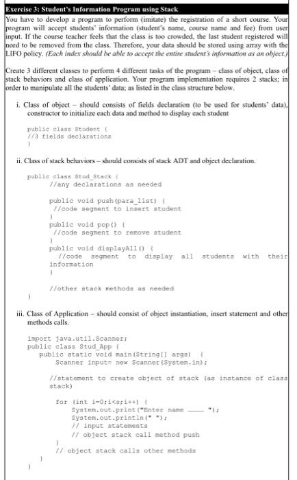 Solved Exercise 3: Student's Information Program using Stack | Chegg.com