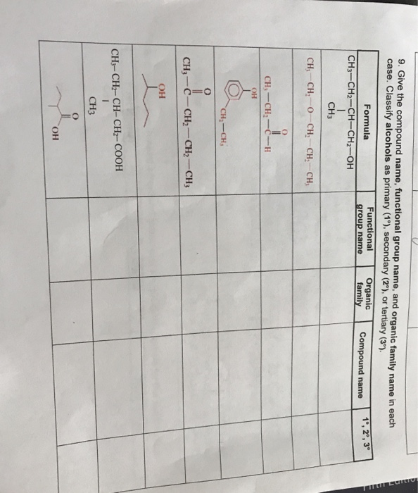 Solved 9. Give the compound name, functional group name, and | Chegg.com