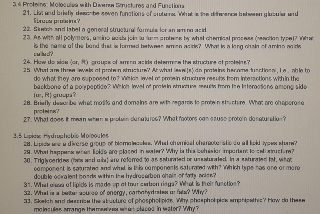 Solved CHAPTER 3 THE CHEMICAL BUILDING BLOCKS OF LIFE Study | Chegg.com