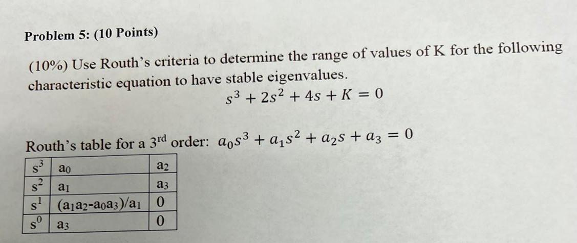 Solved (10%) Use Routh's criteria to determine the range of | Chegg.com