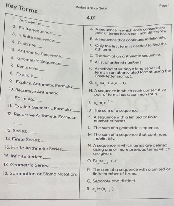 Solved 1. Sequence: 4.01 2. Finite sequence: A. A sequence | Chegg.com