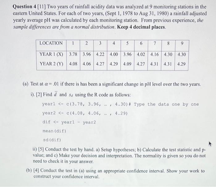 Solved Question 4 [11] Two years of rainfall acidity data | Chegg.com