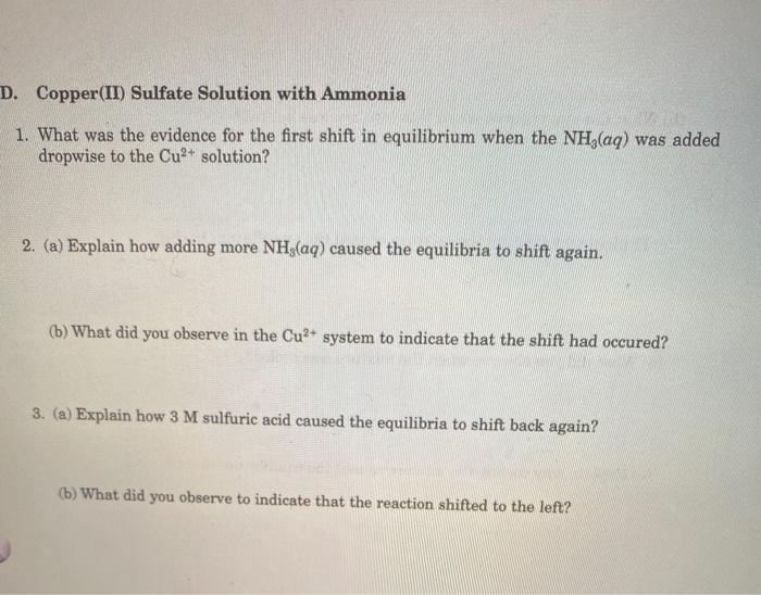 Solved D. Copper(II) Sulfate Solution with Ammonia 1. What | Chegg.com