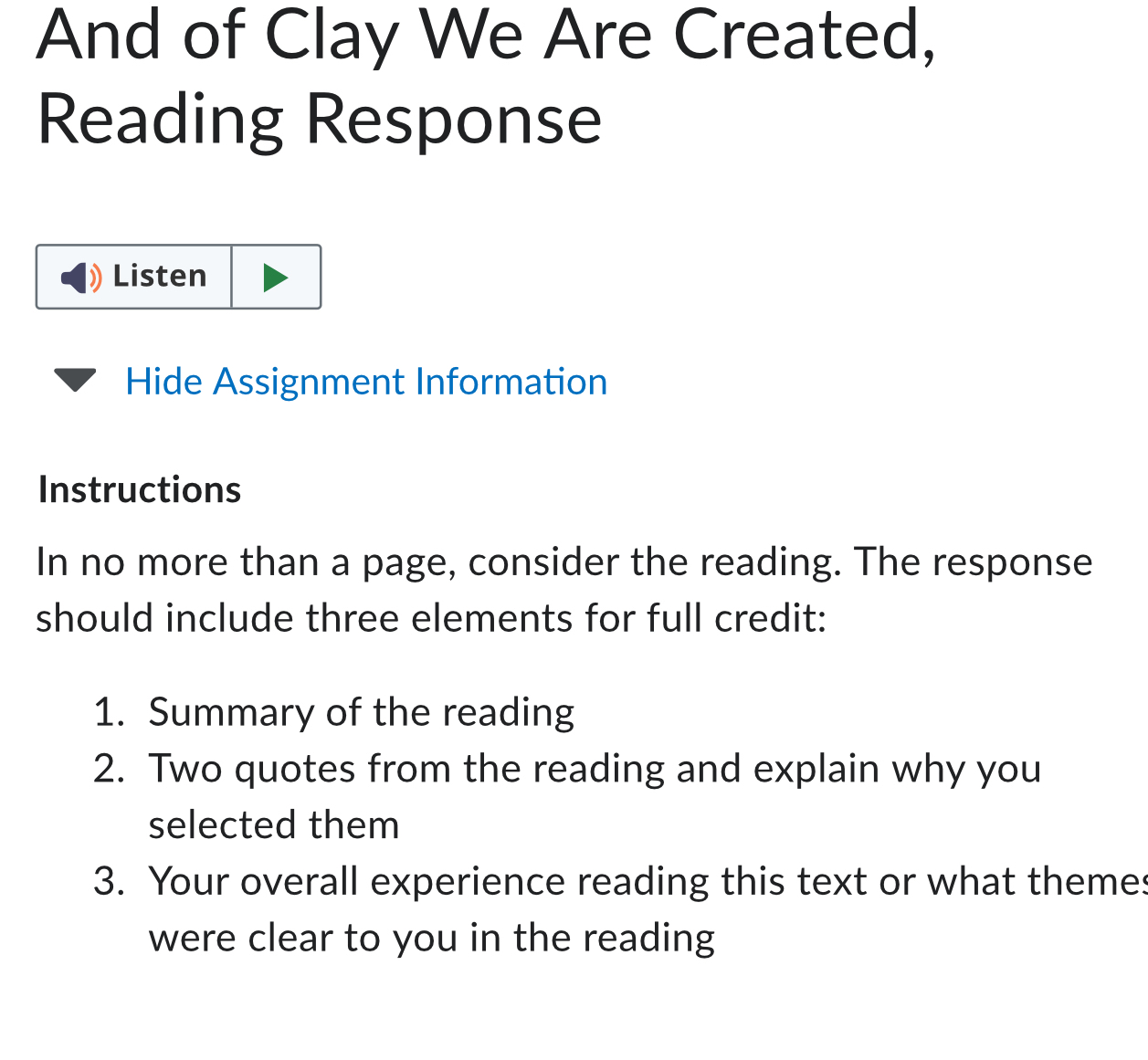 Solved And of Clay We Are Created, Reading ResponseHide | Chegg.com