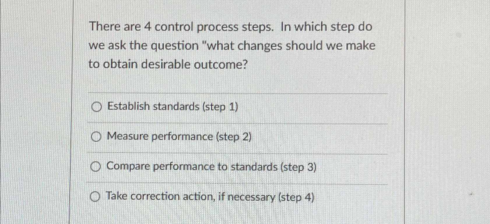 Solved There are 4 ﻿control process steps. In which step do | Chegg.com