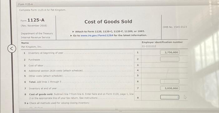 Form 1125-A Complete Form 1125 A for Pe Kingdom Form | Chegg.com