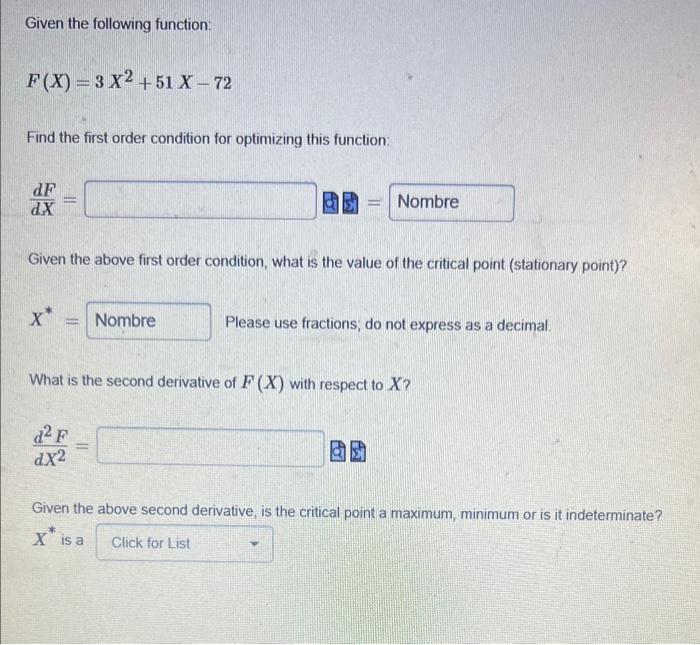 Solved Given The Following Function F X 3x2 51x−72 Find