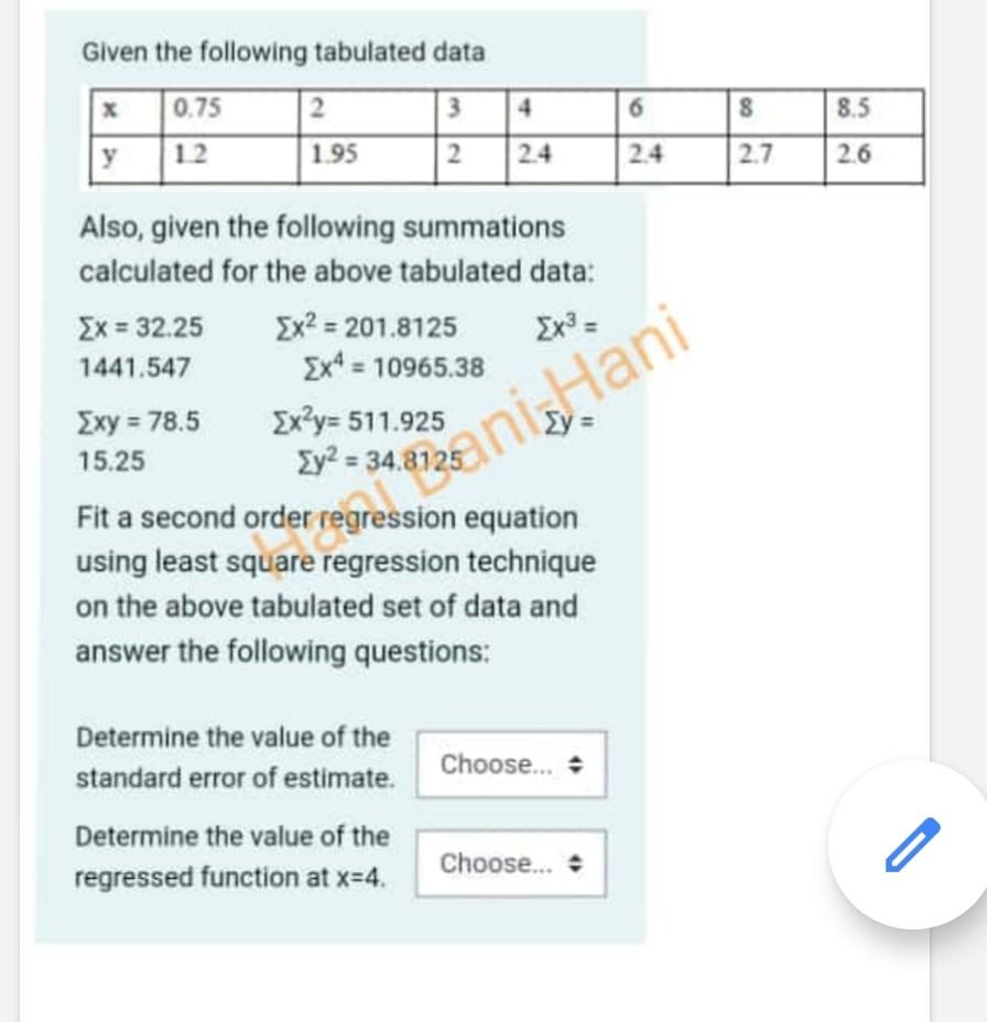 Given the following tabulated data 0.75 2 3 4 4 y 12 | Chegg.com