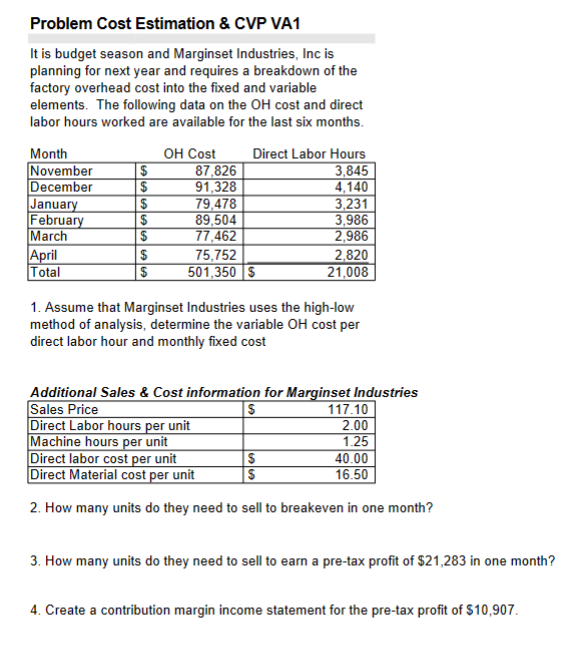 Solved Problem Cost Estimation & CVP VA1image with info | Chegg.com