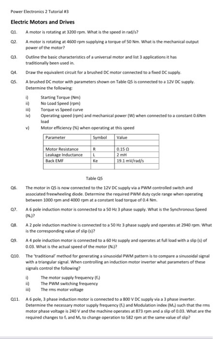 Solved Power Electronics 2 Tutorial #3 Electric Motors and | Chegg.com