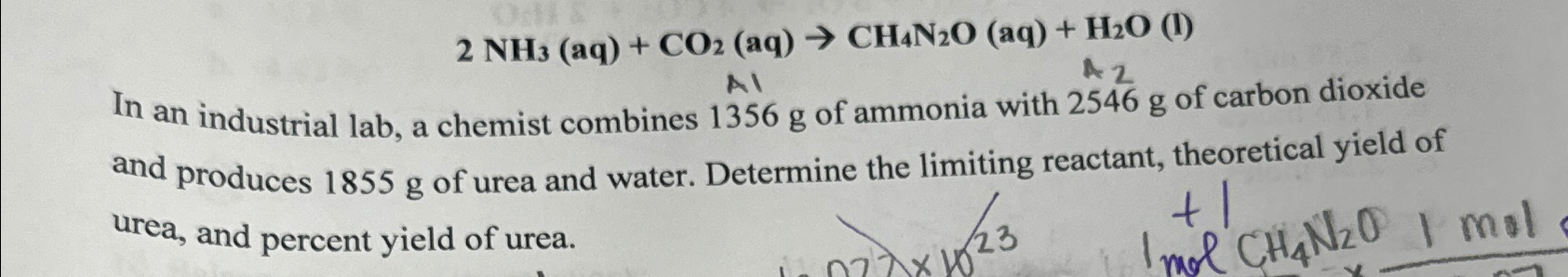 Solved 2NH3(aq)+CO2(aq)→CH4N2O(aq)+H2O(l)A)In an industrial | Chegg.com