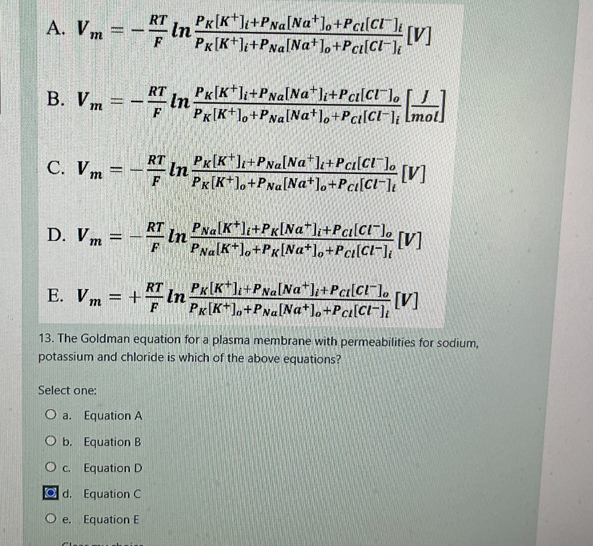Solved The Goldman equation for a plasma membrane with | Chegg.com
