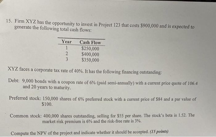 Solved 15. Firm XYZ has the opportunity to invest in Project | Chegg.com