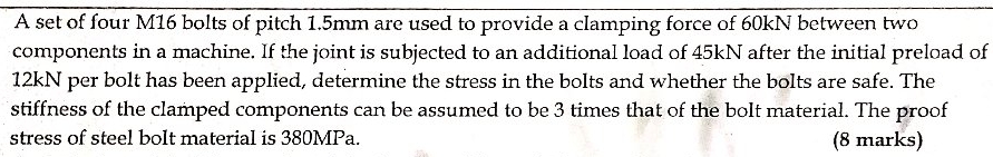 Solved A set of four M16 ﻿bolts of pitch 1.5mm ﻿are used to | Chegg.com