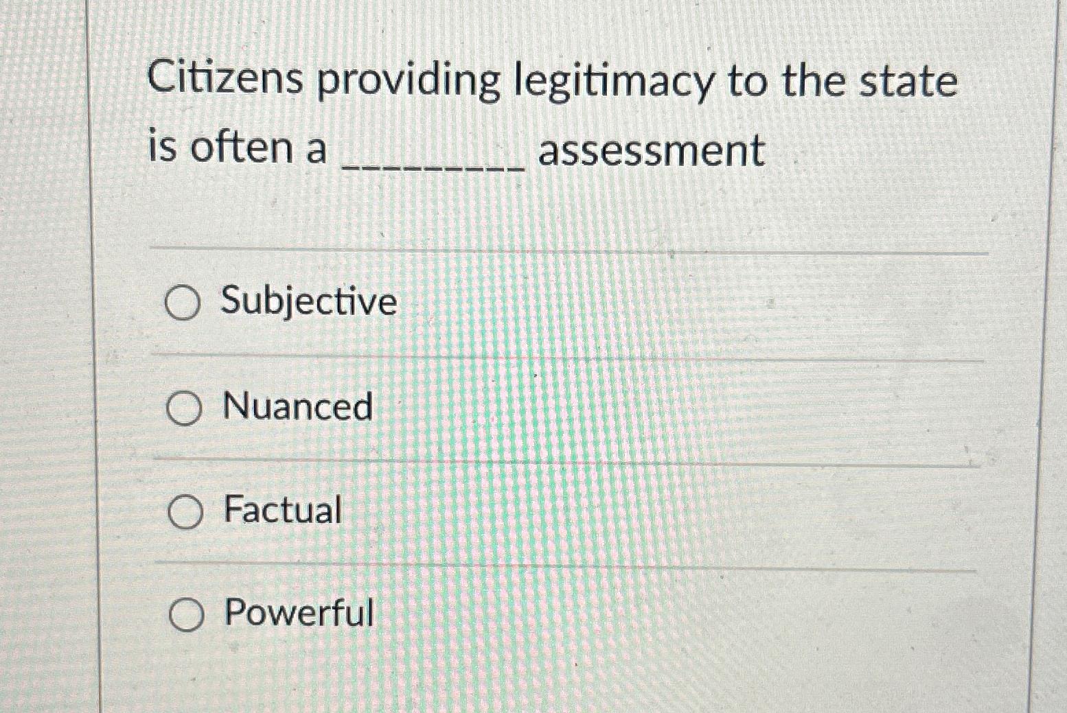 Solved Citizens providing legitimacy to the state is often a | Chegg.com