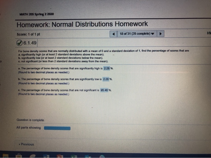 Solved MATH 205 Spring 2 2020 Homework: Normal Distributions | Chegg.com