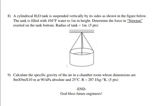 Solved 8) A cylindrical H20 tank is suspended vertically by | Chegg.com