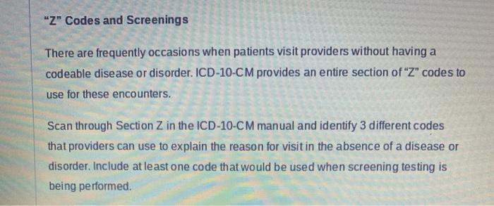 Solved "Z" Codes and Screenings There are frequently | Chegg.com