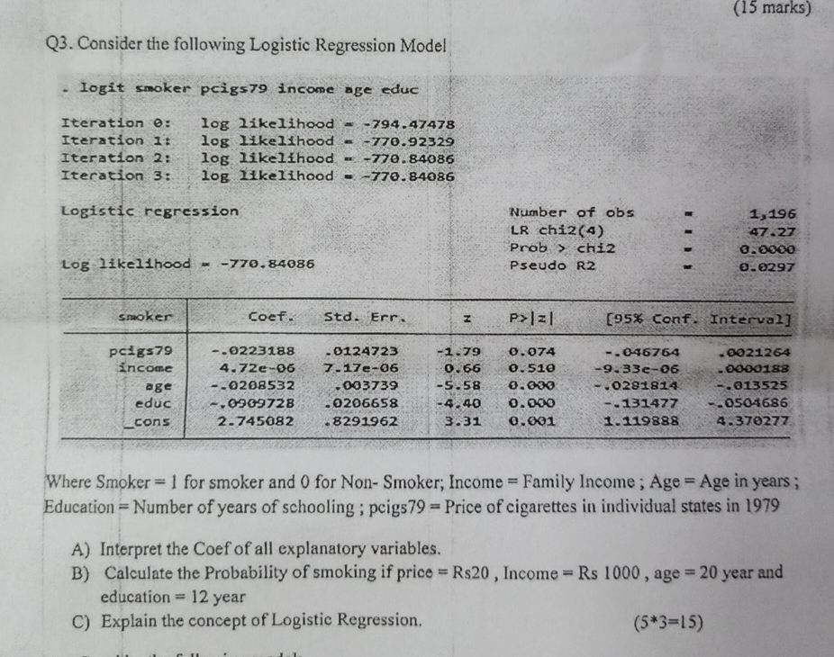 Solved ( 15 ﻿marks)Q3. ﻿Consider the following Logistic | Chegg.com