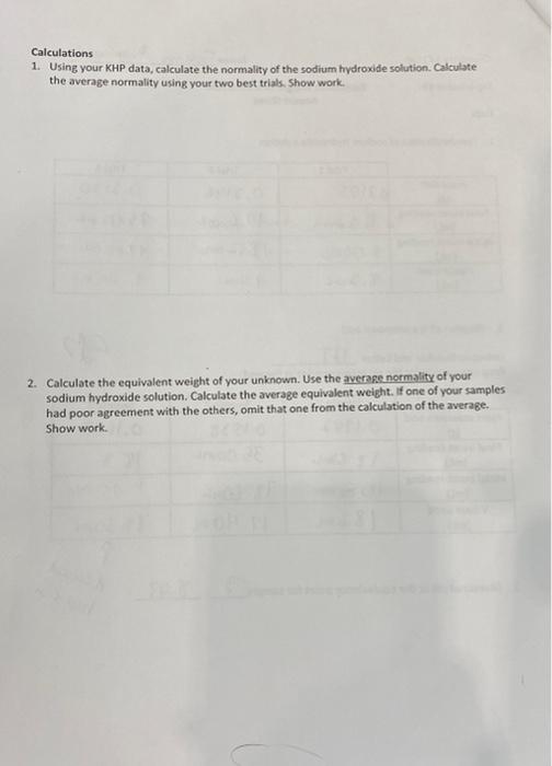 Solved Calculations 1. Using your KHP data, calculate the | Chegg.com