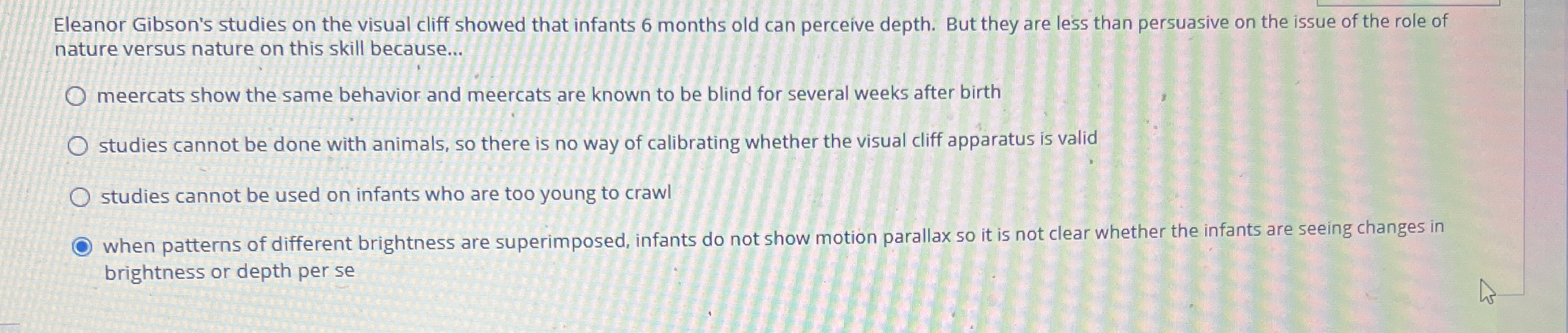 Solved Eleanor Gibson's studies on the visual cliff showed | Chegg.com