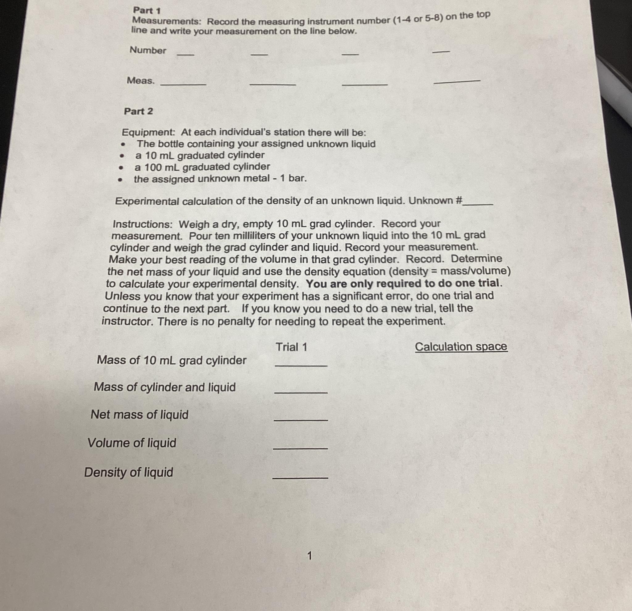 Solved Part 1Measurements: Record the measuring instrument | Chegg.com