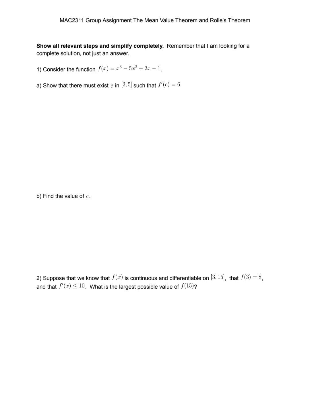 Solved MAC2311 Group Assignment The Mean Value Theorem and | Chegg.com