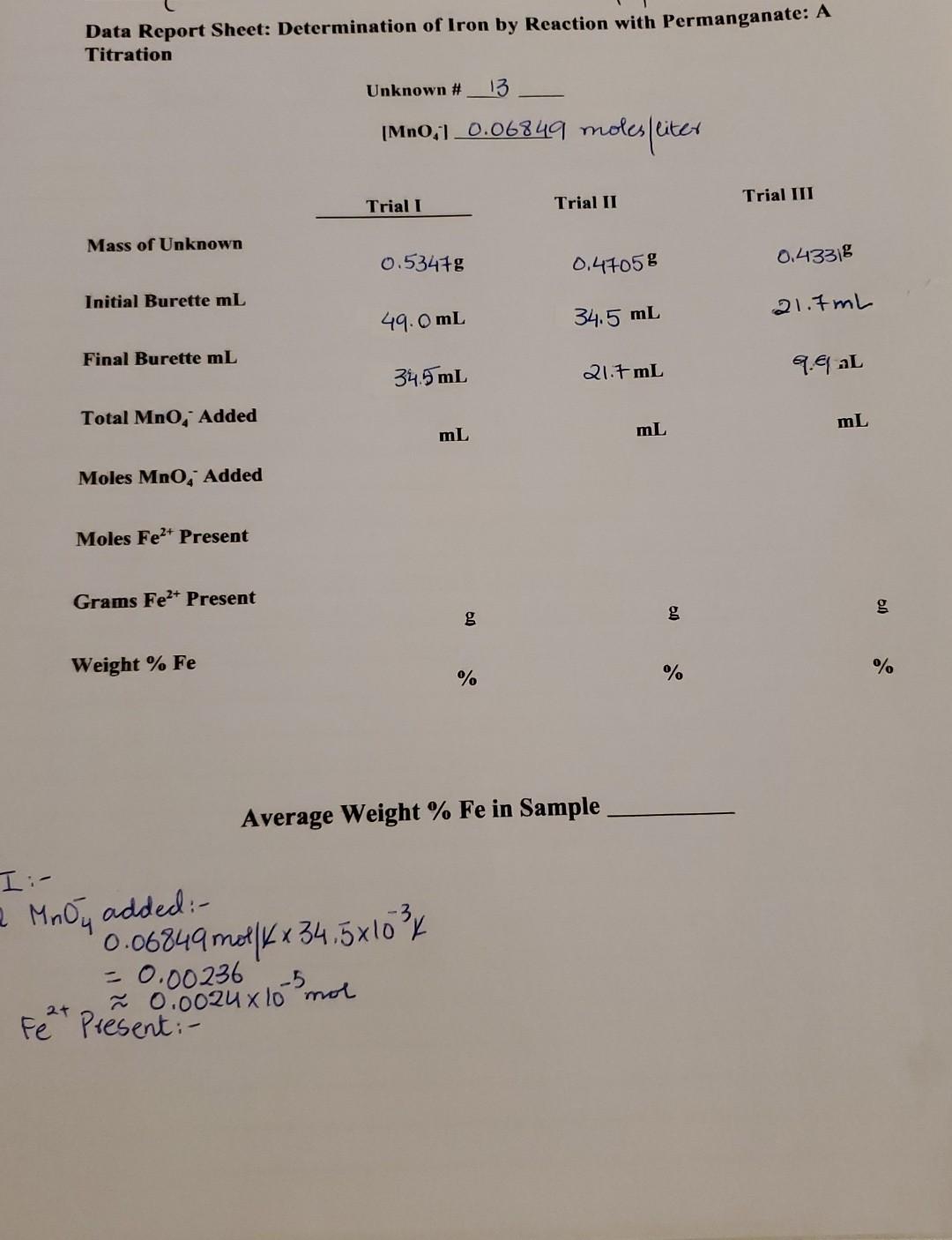 Solved Data Report Sheet: Determination of Iron by Reaction | Chegg.com