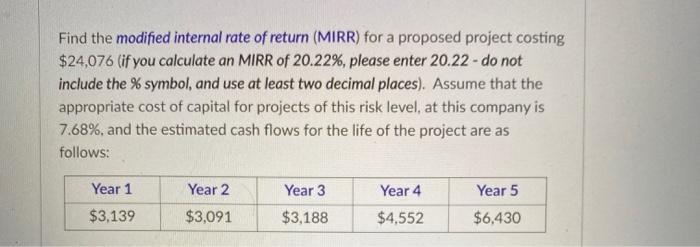 Solved Find the modified internal rate of return (MIRR) for | Chegg.com