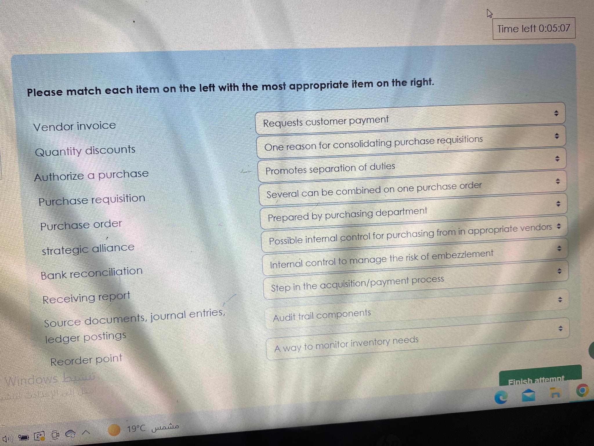 Solved Time left 0:05:07\\nPlease match each item on the | Chegg.com