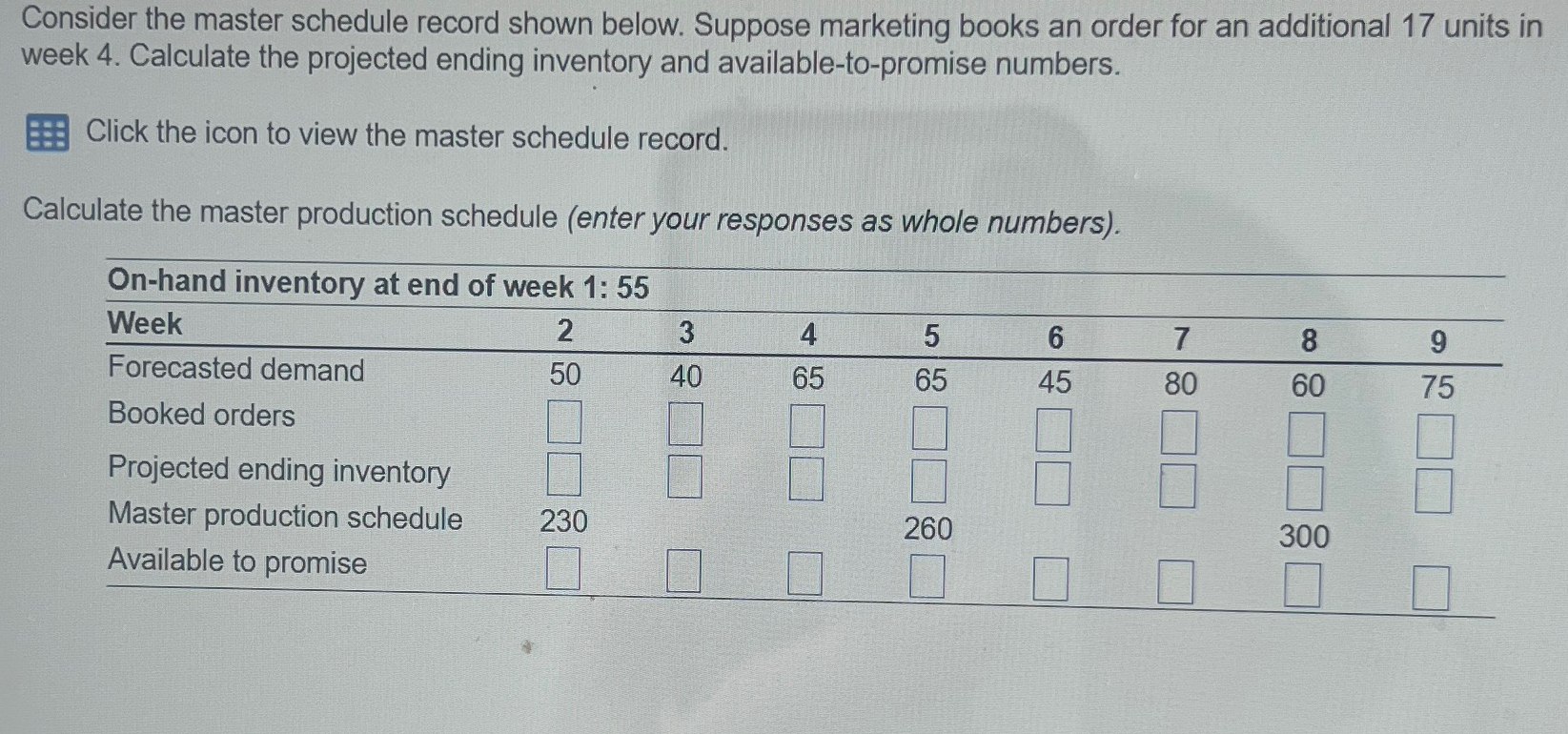 Solved Consider the master schedule record shown below. | Chegg.com