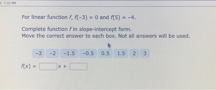 Solved For linear function f,f(−3)=0 and f(5)=−4. Complete | Chegg.com
