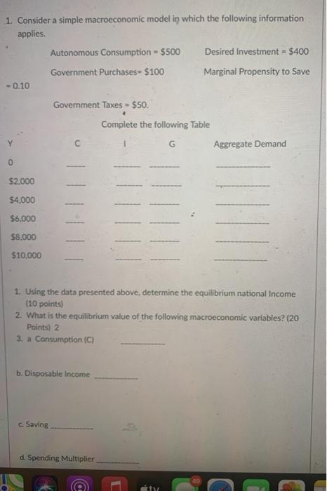 Solved 1. Consider a simple macroeconomic model in which the | Chegg.com