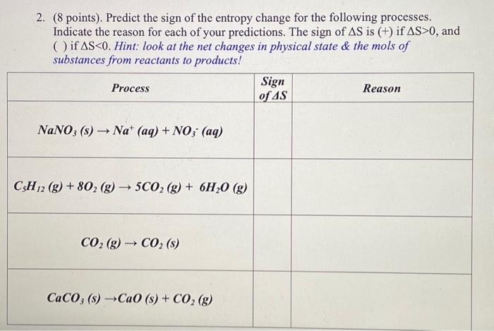 Solved 2. ( 8 points). Predict the sign of the entropy | Chegg.com