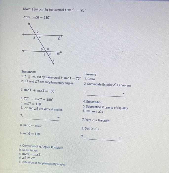 Solved 8. Complete the proof. Given: ℓ∥m, cut by transversal | Chegg.com
