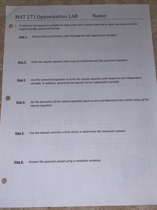 MAT 271 Optimization LAB Name: 1. If 1200 cm. of | Chegg.com