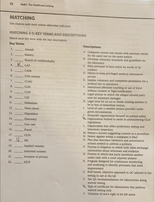Solved 22 Unit 1 The Healthcare Setting MATCHING Use choices | Chegg.com