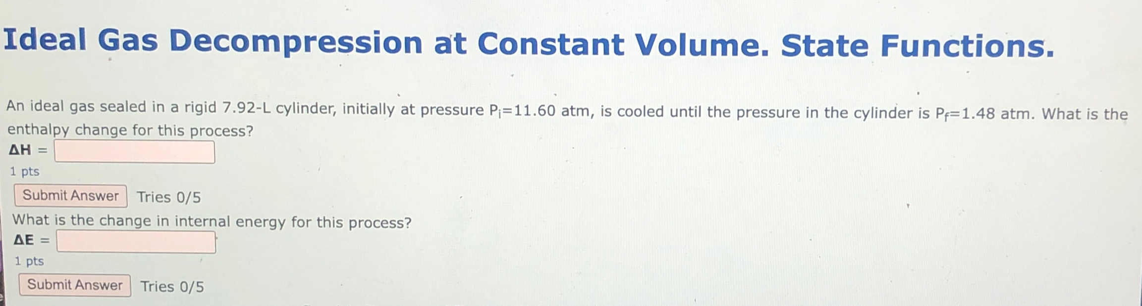 Solved Ideal Gas Decompression at Constant Volume. State | Chegg.com