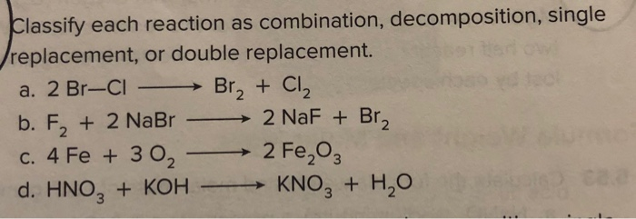 Solved Classify each reaction as combination, decomposition, | Chegg.com
