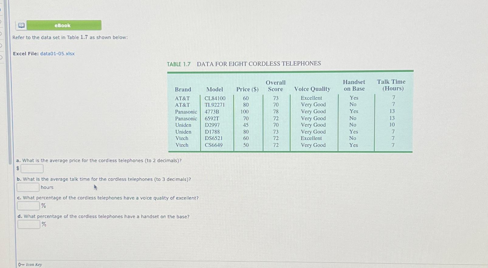 Solved eBookRefer to the data set in Table 1.7 ﻿as shown | Chegg.com