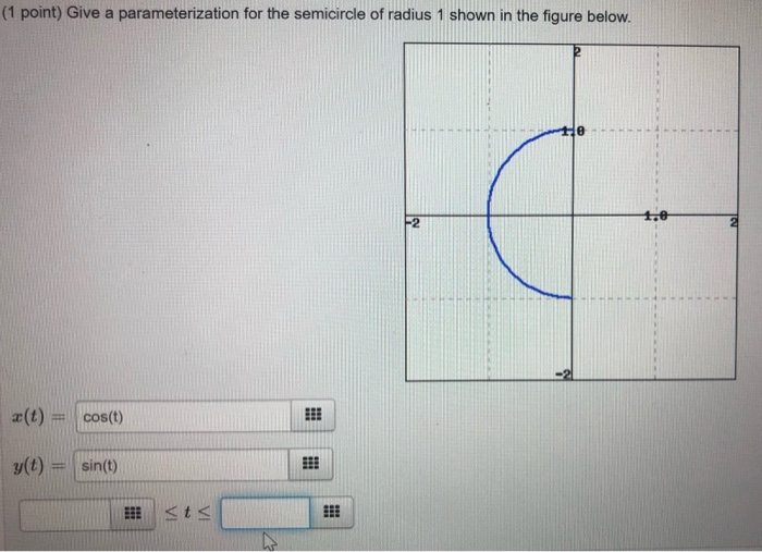 Solved (1 point) Give a parameterization for the semicircle | Chegg.com