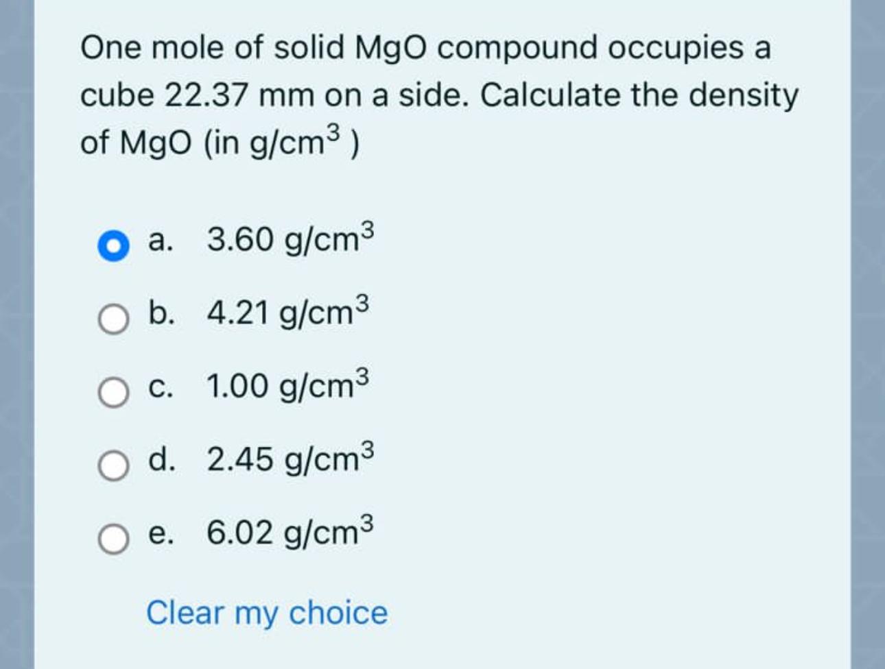 Solved One mole of solid MgO compound occupies a cube | Chegg.com