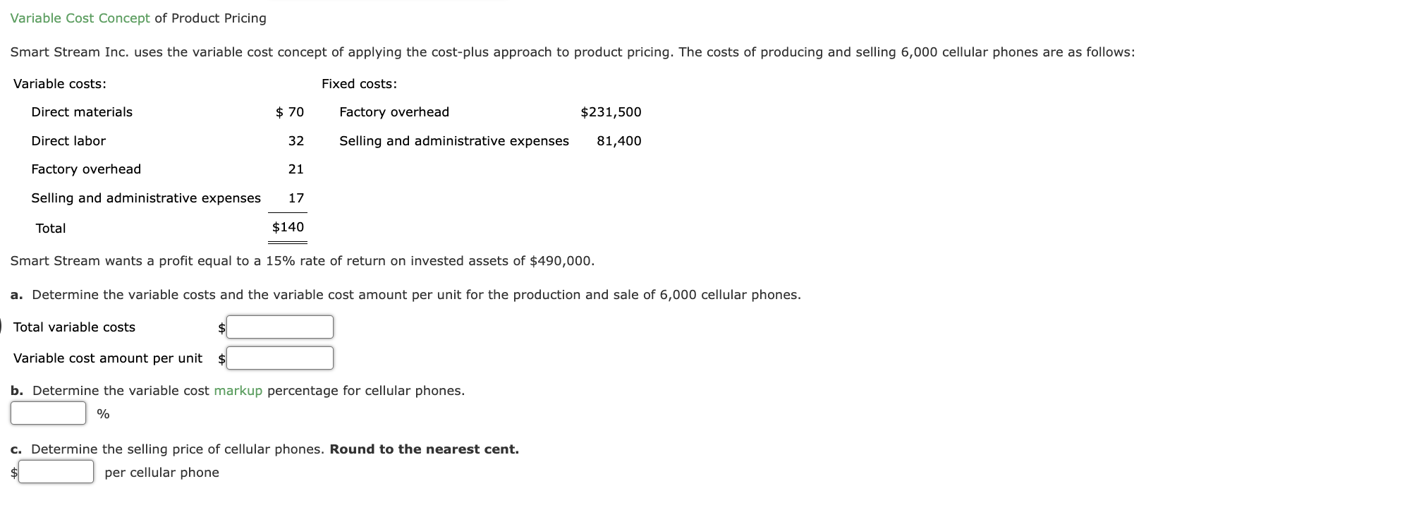 Solved Variable Cost Concept of Product PricingSmart Stream | Chegg.com