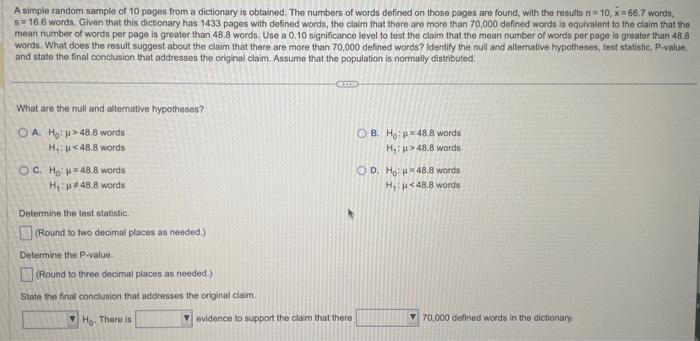 Solved A simple random sample of 10 pages from a dictionary | Chegg.com